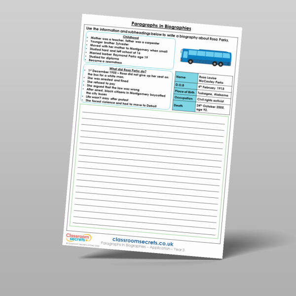 Year 3 Paragraphs In Biographies Application Resource | Classroom Secrets