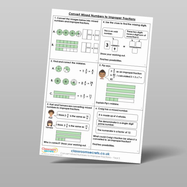 Year 5 Convert Mixed Numbers To Improper Fractions Mixed Activity Resource | Classroom Secrets
