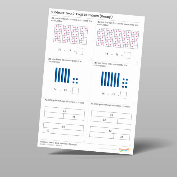 Year 2 Subtract Two 2 Digit Numbers Recap Varied Fluency Resource ...