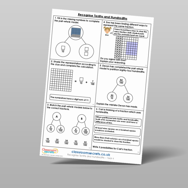 Year 4 Recognise Tenths And Hundredths Mixed Activity Resource ...