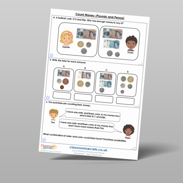 Year 2 Count Money Pounds And Pence Homework Resource | Classroom Secrets