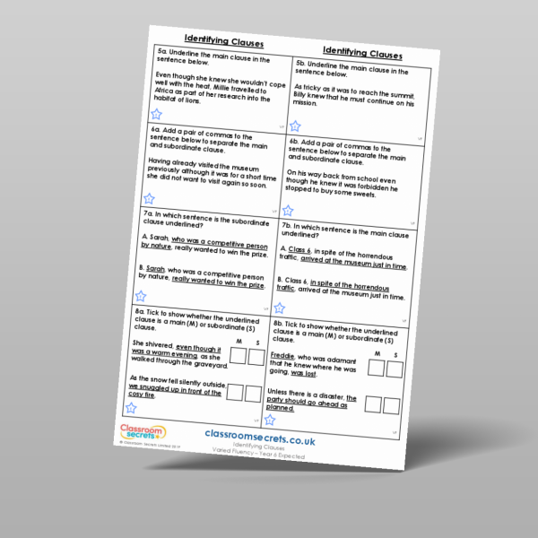 Year 6 Identifying Clauses Varied Fluency Resource | Classroom Secrets