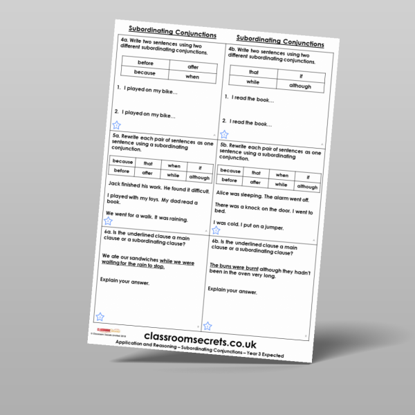 Year 3 Subordinating Conjunctions Application And Reasoning Resource Classroom Secrets