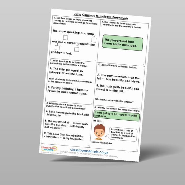 Year 5 Using Commas To Indicate Parenthesis Prior Learning Resource ...