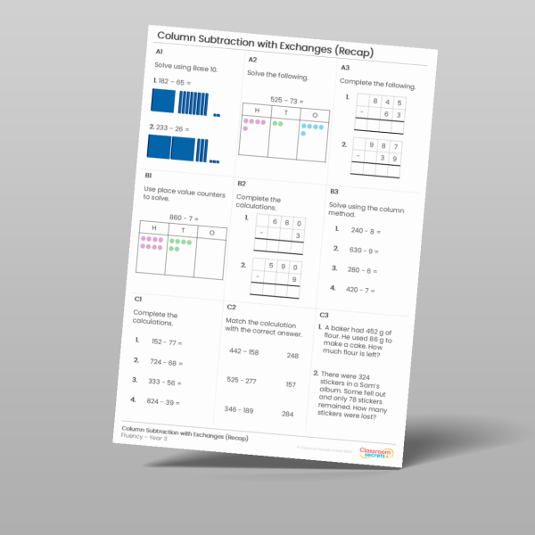Year 3 Column Subtraction With Exchanges Recap Fluency Matrix Resource ...