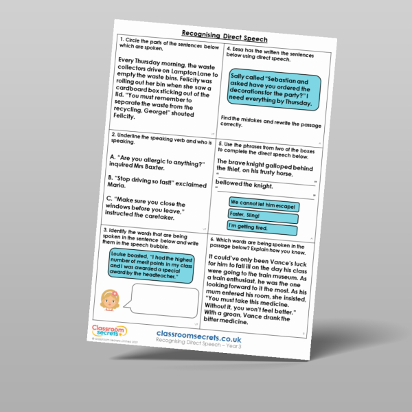 Year 3 Recognising Direct Speech Mixed Activity Resource Classroom Secrets