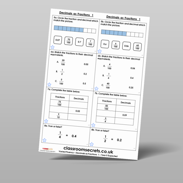 Year 5 Decimals As Fractions 1 Varied Fluency Resource | Classroom Secrets