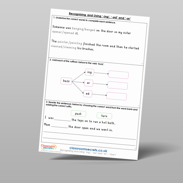 Year 1 Recognising And Using Ing Ed And Er Mixed Activity Resource Classroom Secrets