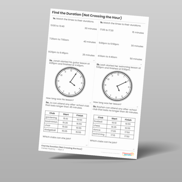 Year 3 Find The Duration Not Crossing The Hour Varied Fluency Resource ...