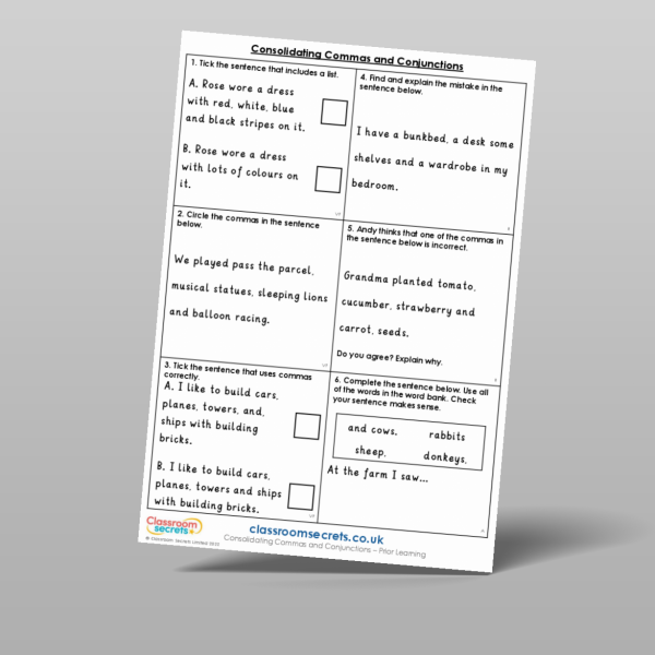 Year 2 Consolidating Commas And Conjunctions Prior Learning Resource ...