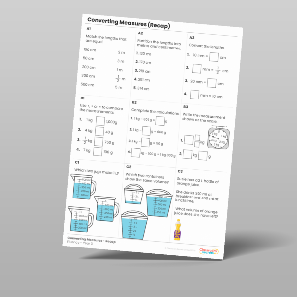 Year 3 Converting Measures Recap Fluency Matrix Resource | Classroom ...