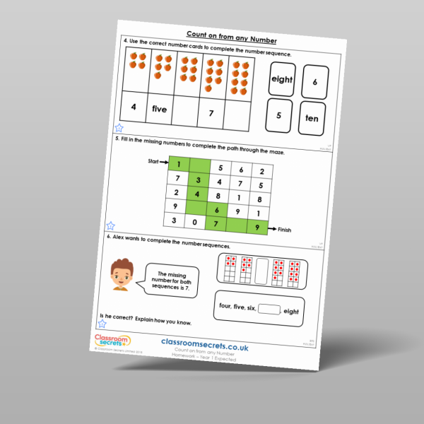 Year 1 Count On From Any Number Homework Resource | Classroom Secrets