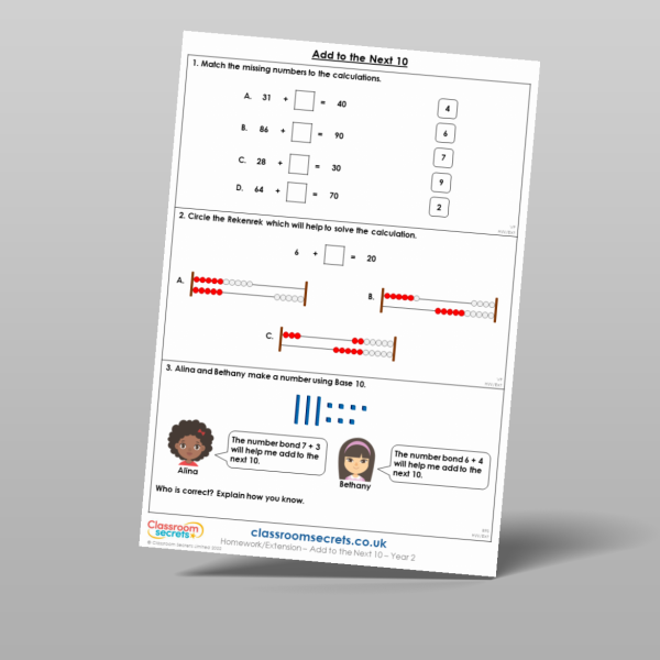 Year 2 Add To The Next 10 Homework Resource | Classroom Secrets