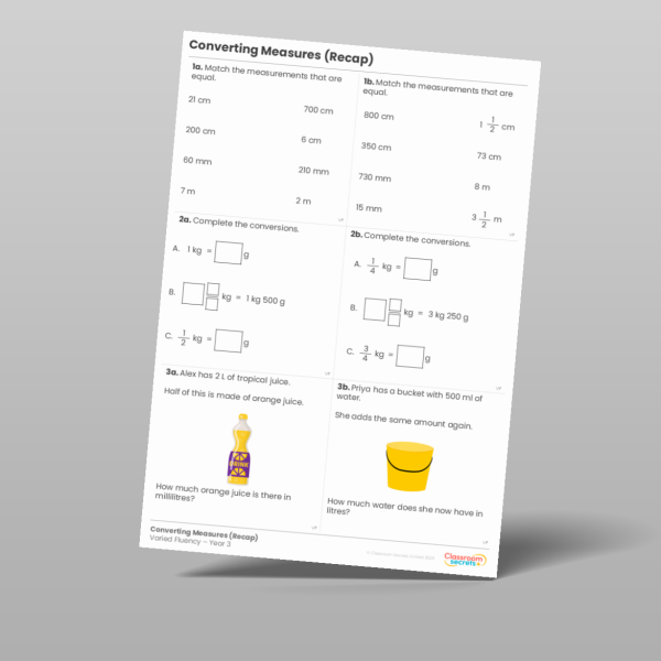Year 3 Converting Measures Recap Varied Fluency Resource | Classroom ...