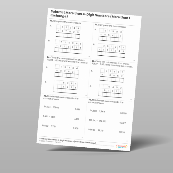 Year 5 Subtract More Than 4 Digit Numbers More Than 1 Exchange Varied ...