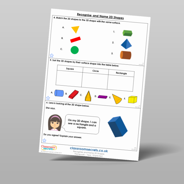 Year 1 Recognise And Name 2d Shapes Homework Resource | Classroom Secrets