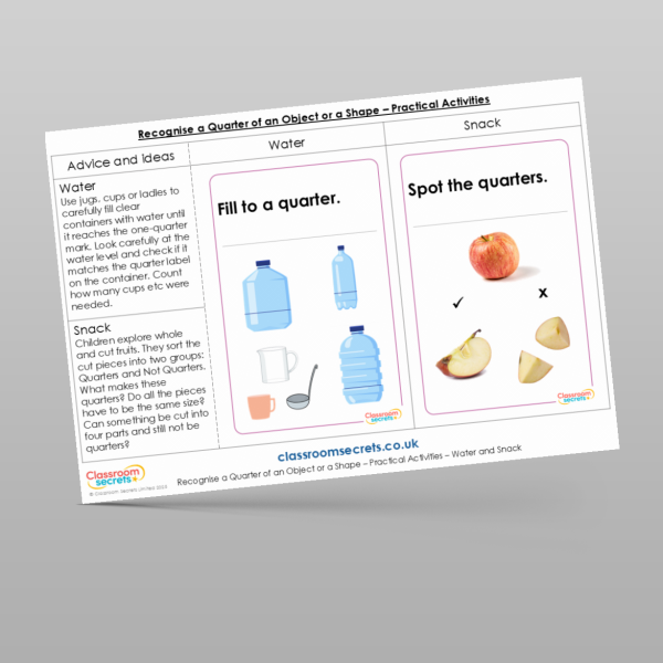 Year 1 Recognise A Quarter Of An Object Or A Shape Practical Activities Resource | Classroom Secrets