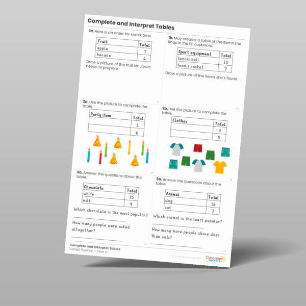 Year 2 Complete And Interpret Tables Varied Fluency Resource Classroom Secrets