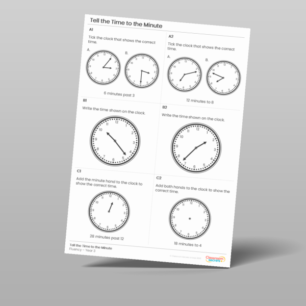 Year 3 Tell The Time To The Minute Fluency Matrix Resource | Classroom ...