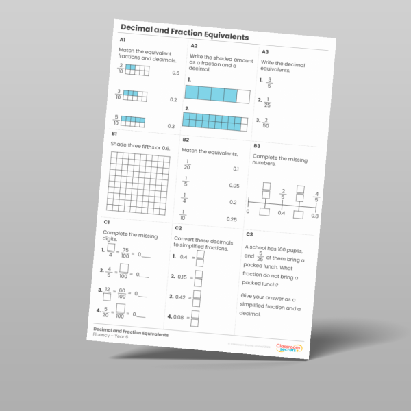 Year 6 Decimal And Fraction Equivalents Fluency Matrix Resource ...