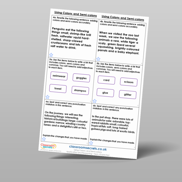 Year 6 Using Colons And Semi Colons Application And Reasoning Resource ...
