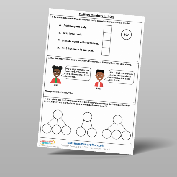 Year 4 Partition Numbers To 1 000 Homework Resource | Classroom Secrets