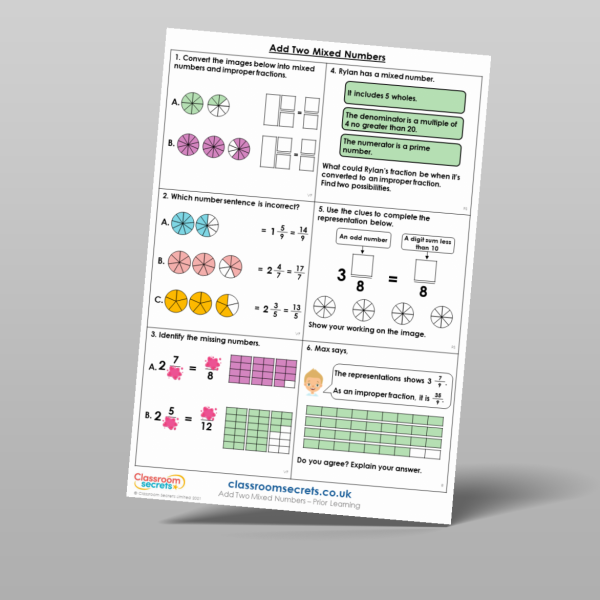 Year 5 Add Two Mixed Numbers Prior Learning Resource | Classroom Secrets