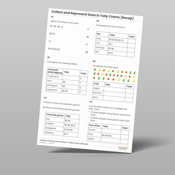 Year 3 Collect And Represent Data In Tally Charts Recap Fluency Matrix ...