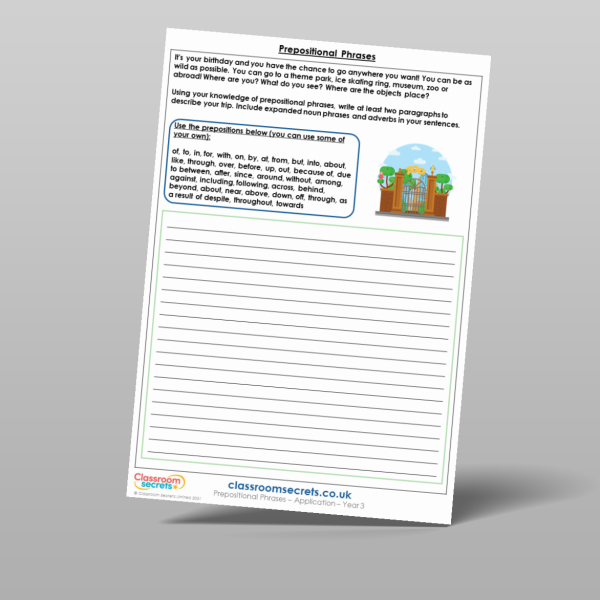 Year 3 Prepositional Phrases Application Resource | Classroom Secrets