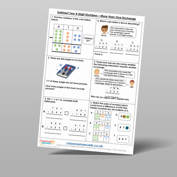 Year 4 Subtract Two 4 Digit Numbers More Than One Exchange Prior ...