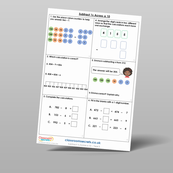 Year 3 Subtract 1s Across A 10 Mixed Activity Resource | Classroom Secrets