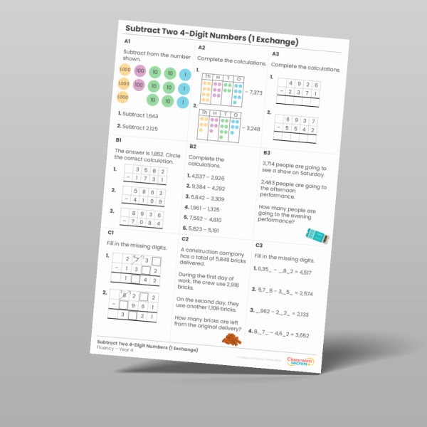 Subtract Two 4-Digit Numbers (1 Exchange) Fluency Matrix Resource ... Subtract Two 4-Digit Numbers (1 Exchange) Fluency Matrix Resource ...