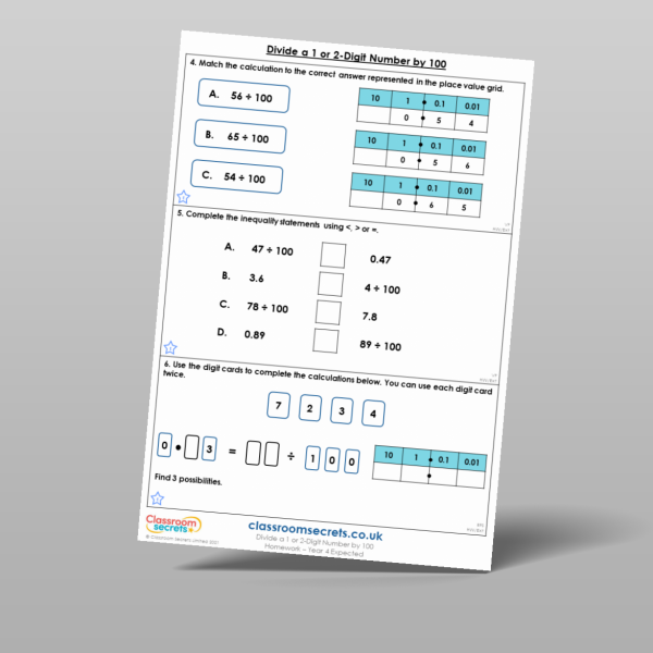 Year 4 Divide A 1 Or 2 Digit Number By 100 Homework Resource ...