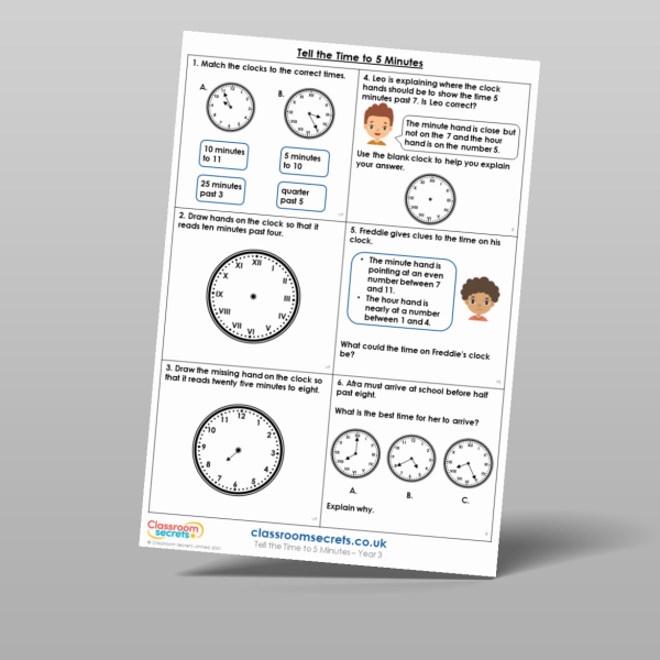 Year 3 Telling The Time To 5 Minutes Mixed Activity Resource ...