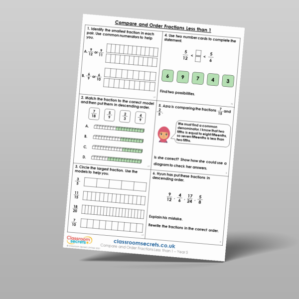 Year 5 Compare And Order Fractions Less Than 1 Mixed Activity Resource ...