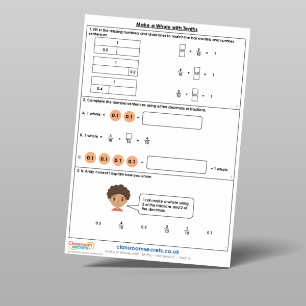 Year 4 Make A Whole With Tenths Homework Resource | Classroom Secrets
