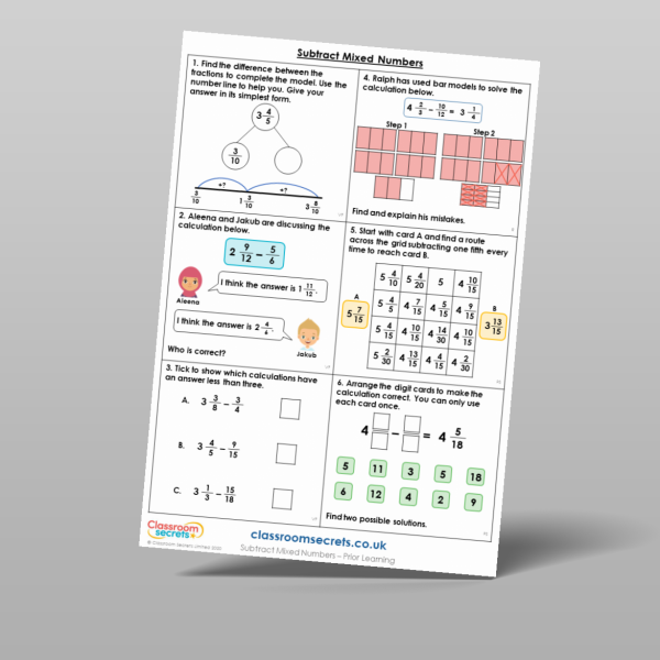 Year 6 Subtract Mixed Numbers Prior Learning Resource | Classroom Secrets