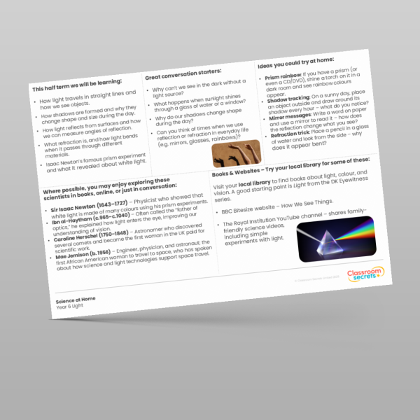 Year 6 Light Science At Home Resource | Classroom Secrets