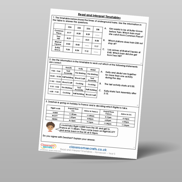 Year 5 Read And Interpret Timetables Homework Resource | Classroom Secrets