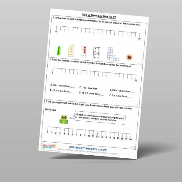Year 1 Use A Number Line To 20 Homework Resource | Classroom Secrets