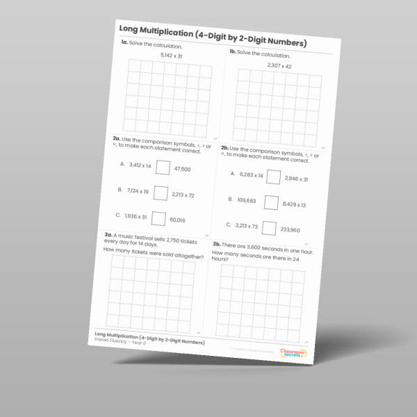 Year 6 Long Multiplication 4 Digit By 2 Digit Numbers Varied Fluency ...