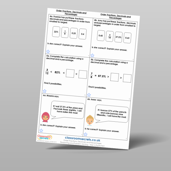 Year 6 Order Fractions Decimals And Percentages Reasoning And Problem Solving Resource