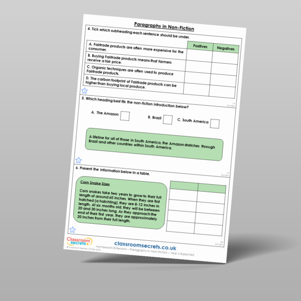 Year 6 Paragraphs In Non Fiction Homework Resource | Classroom Secrets