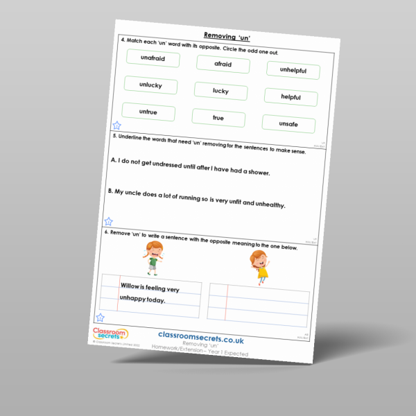 Year 1 Removing Un Homework Resource | Classroom Secrets