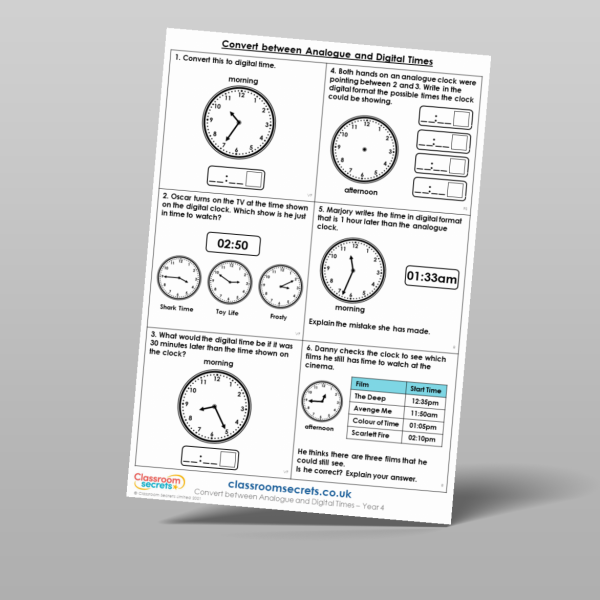 Year 4 Convert Between Analogue And Digital Time Mixed Activity ...