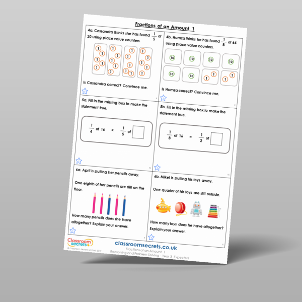 Year 3 Fractions Of An Amount 1 Reasoning And Problem Solving Resource Classroom Secrets