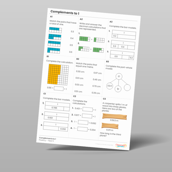 Year 5 Complements To 1 Fluency Matrix Resource | Classroom Secrets
